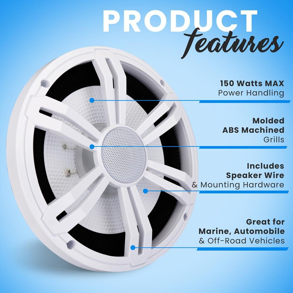 Pyle 8” Slim Marine Subwoofer - 300W 4 Ohm Waterproof Car Component Speaker System, Low Profile PP Cone w/ Rubber Edge, 30 Oz Magnet 1.5" Voice Coil, For Custom Audio Boat Truck Mobile Vehicle (White)