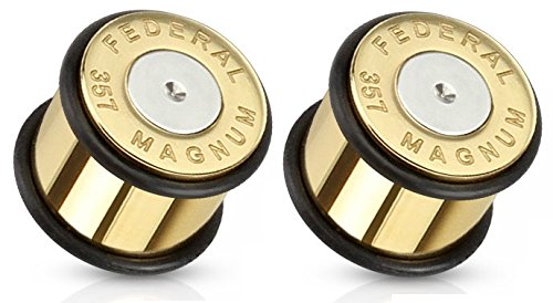 Pierced Owl Bullet 357 Magnum Gold Tone Large .357 Bullet Shell Ear Plugs with O-rings, Sold as a Pair (10mm (00GA))