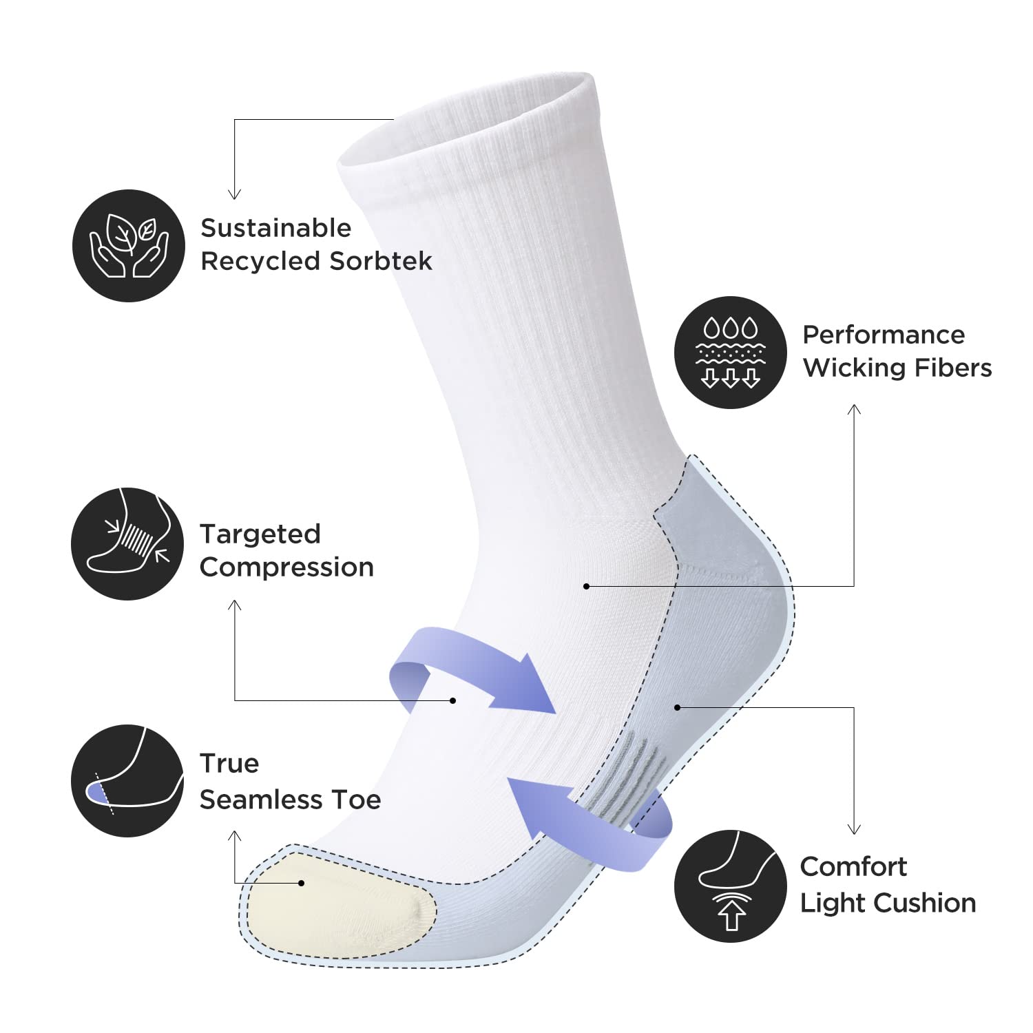 SOTD Athletic Cushioned Pad Mid Crew Sports Socks (pack of 6) (8-10, White Asst)