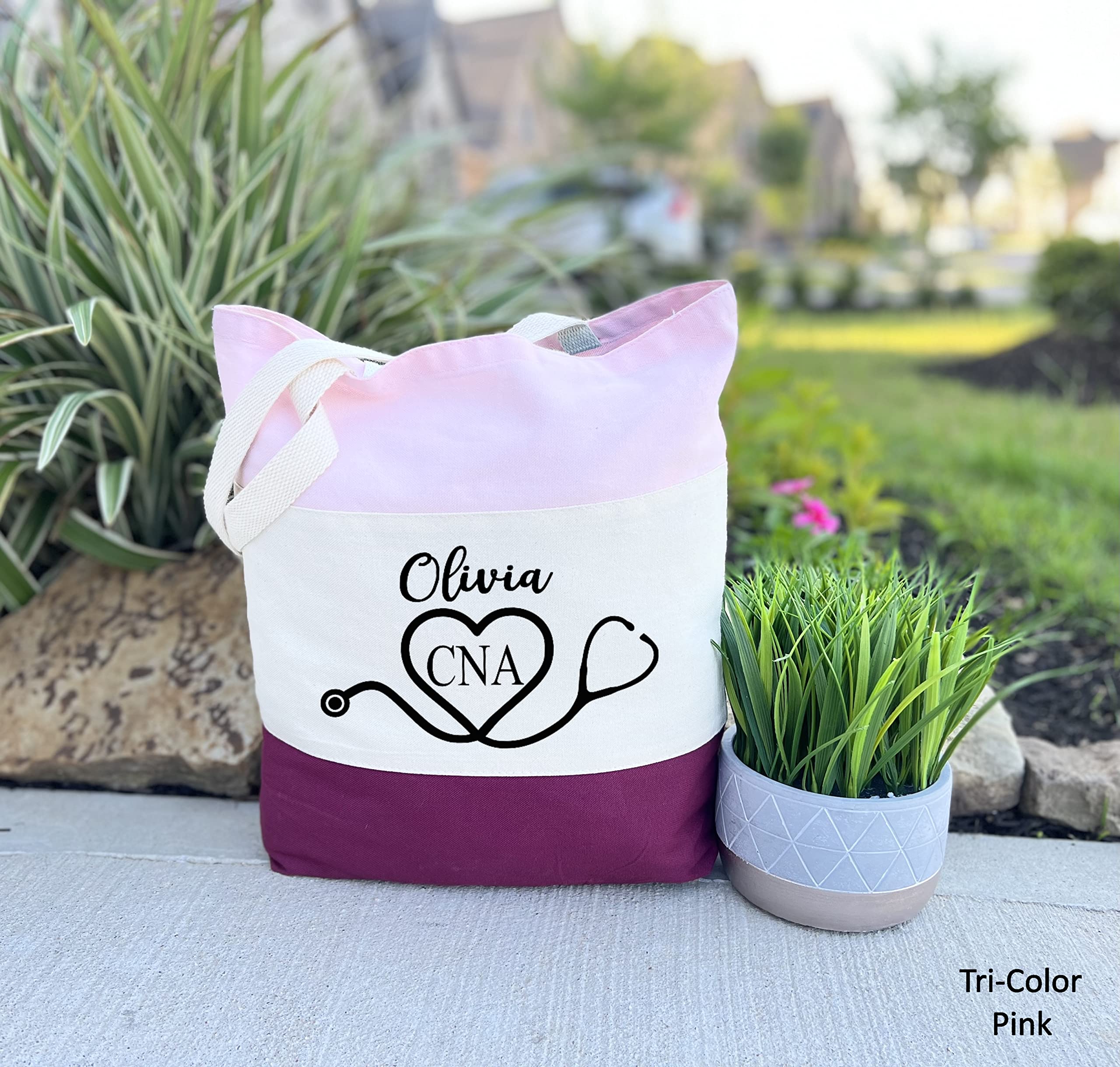 Personalized Certified Nursing Assistant CNA Tote Bag Nurse Gift CNA Gifts Gift For Nurse Nurse Bag Gift For CNA (15"L x 15"H x 3"D, Tri-Color Pink)