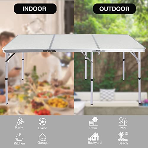 REDCAMP Tri-fold Aluminum Folding Table 4 Feet, Lightweight Portable Long Camping Table with Adjustable Heights Legs, Foldable for Indoor Outdoor Picnic, White