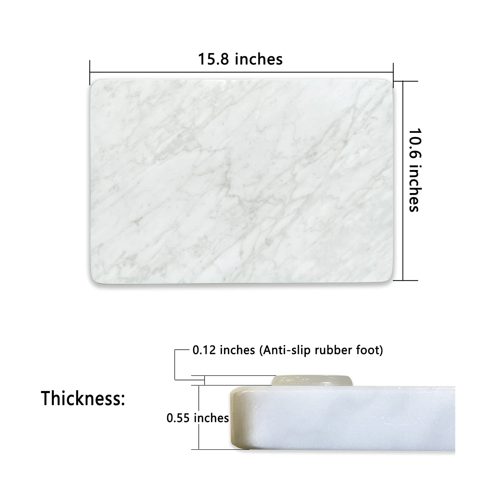 Yew & Tulip Carrara White 16β x 10β Marble Board with Non-Slip Rubber Feet - Dough Pastry and Cutting Board