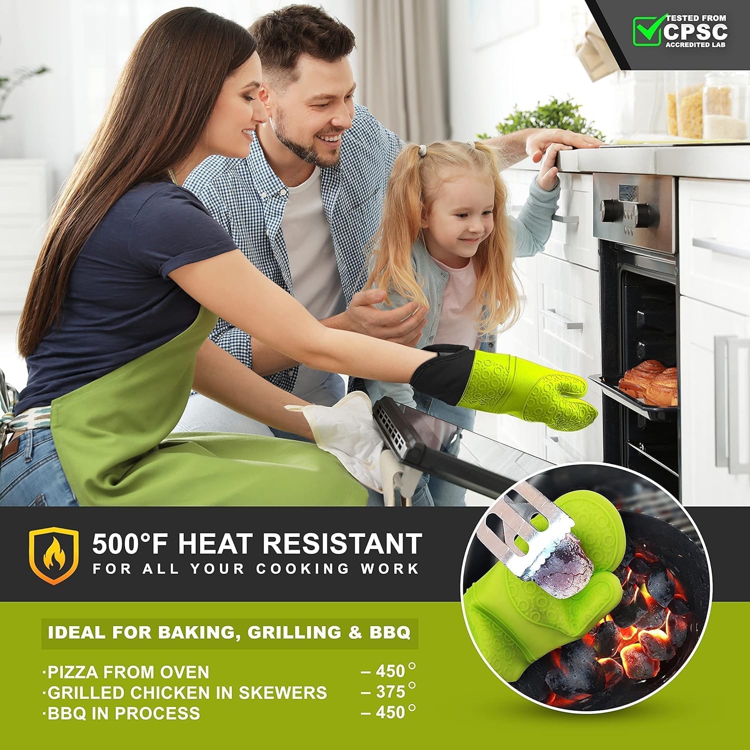 RFAQK Oven Mitts and Pot Holders Sets- Extra Long Silicone Oven Mitts, Oven Mitts Heat Resistant with Quilted Soft Liner and Mini Oven Mittens Sets for Kitchen, Baking, Grill and BBQ-Green (Pack of 6)
