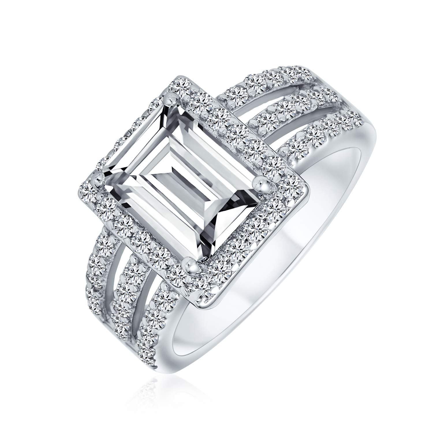 Personalize Art Deco Style 3CT Rectangle AAA CZ Emerald Cut Halo Engagement Ring For Women Wide Band .925 Sterling Silver Customizable