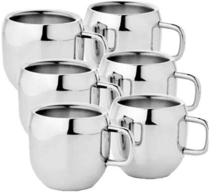 SS Ecom Set of 6 Stainless Steel Coffee Cups, Small Tea Cups with Stainless Steel Handle, Double Wall Espresso Cup Set - Silver, 3.5 oz