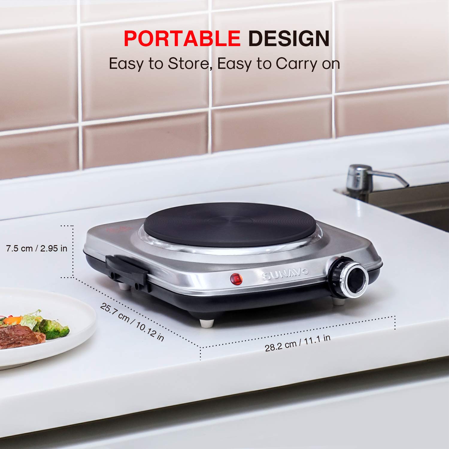 SUNAVO 1500W Hot Plates for Cooking, Electric Single Burner with Handles, 6 Power Levels Stainless Steel Hot Plate for Kitchen Camping RV and More Silver