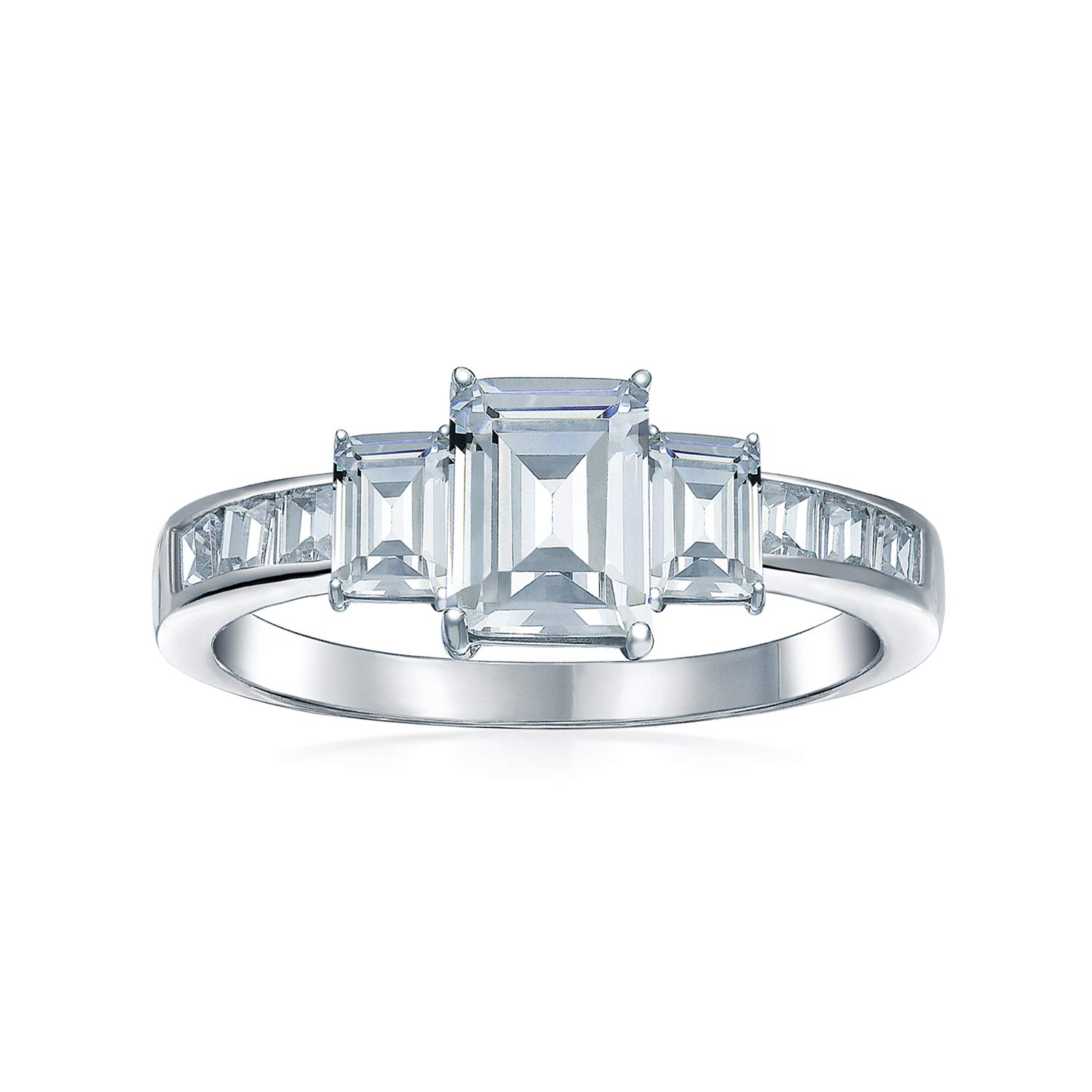 Personalize Art Deco Style 2CT AAA CT Rectangle Three Stone Past Present Future Emerald Cut Promise Engagement Ring For Women .925 Sterling Silver Baguette Side Stone Band Customizable