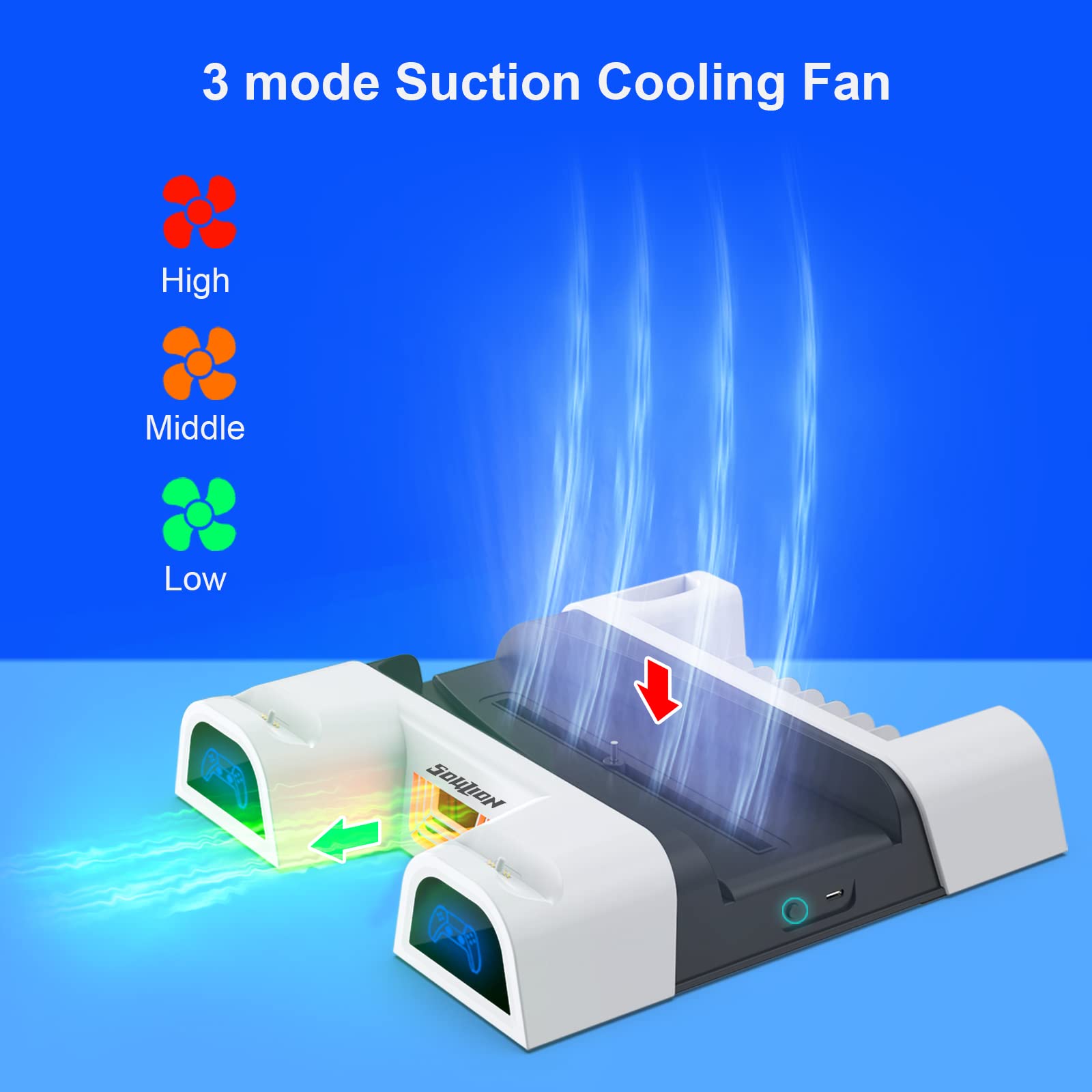 SOULION PS5 Stand with Suction Cooling Fan and Dual Controller Charger Station, Vertical Charging Dock Accessories for PS5 Console, 10 Game Slots and 2 in 1 Cable for PS5 Digital & Disc Edition, White