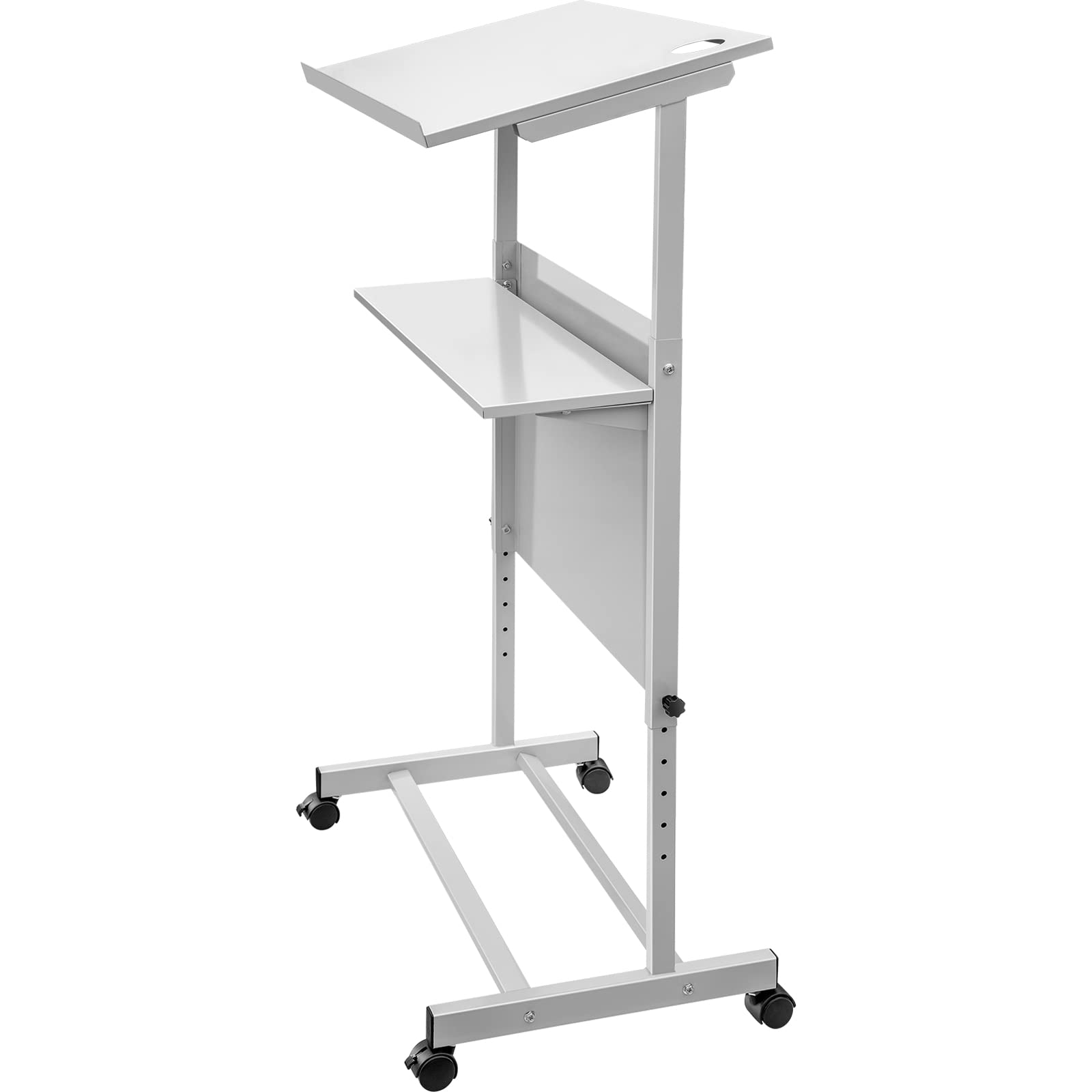 VEVOR Stand Up Lectern, Height Adjustment Portable Pulpit, Lectern Podium with 4 Rolling Casters, Lower Storage Shelf Floor Lectern Podium, White Lecterns & Podiums for Classroom, Concert, Church