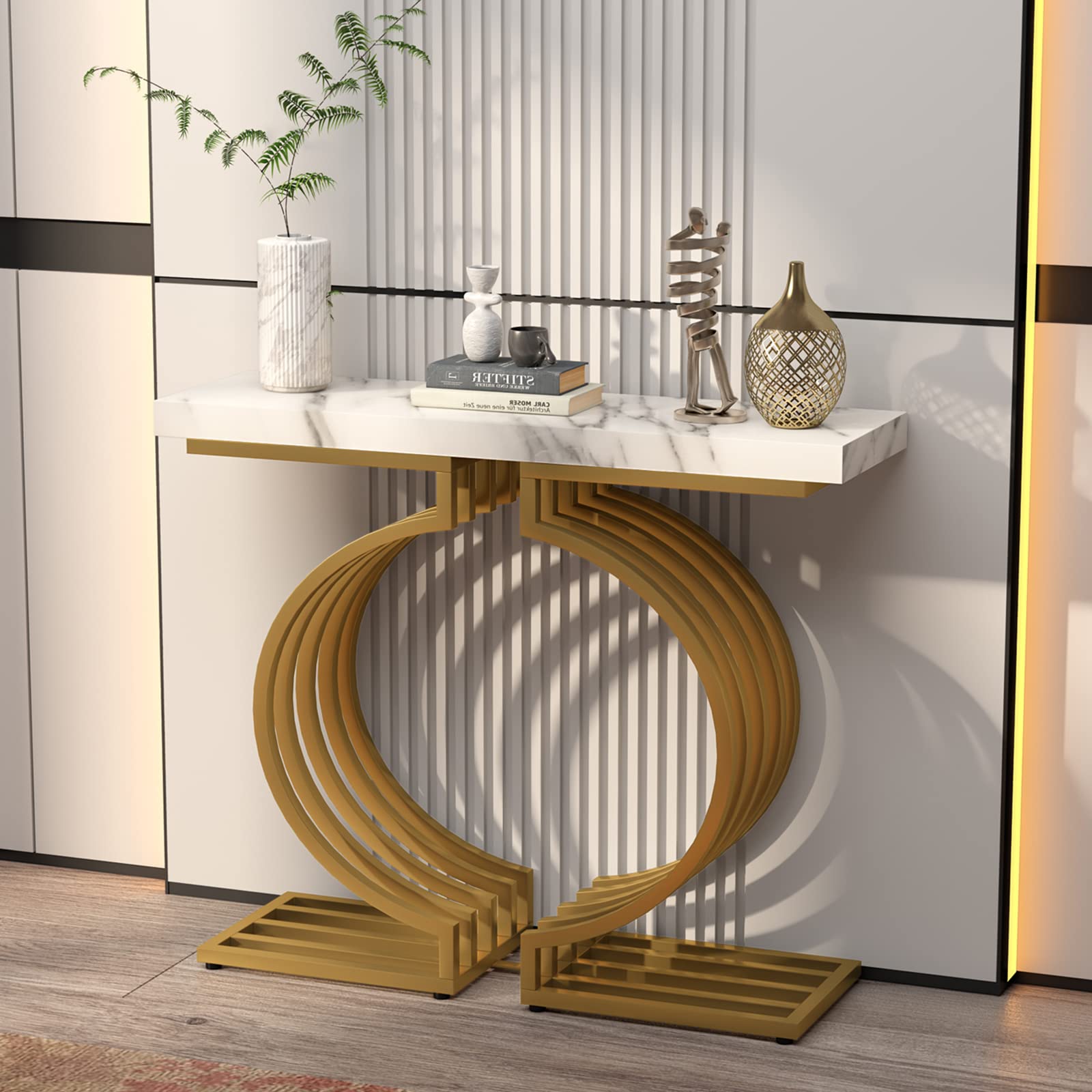 PAKASEPT Console Table for Entryway, Faux Marble Wood Accent Table Foyer Table with Geometric Metal Frame for Living Room, Hallway, Entrance