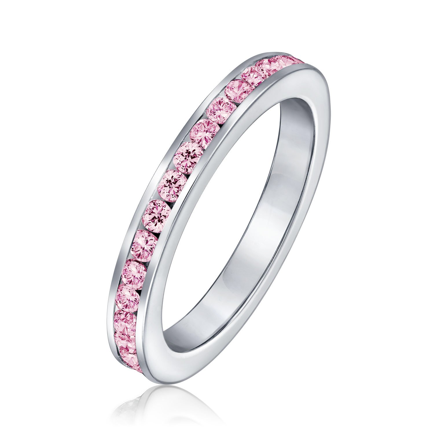 Personalized Cubic Zirconia Pink CZ Channel Set Eternity Band Ring Simulated Tourmaline Sterling Silver Custom Engraved