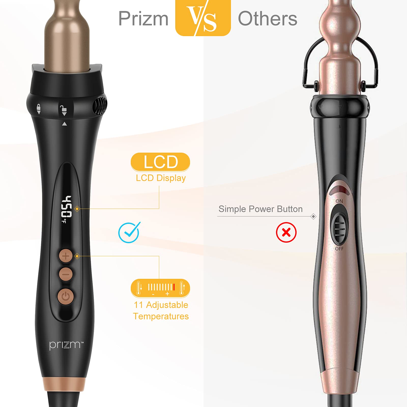 Prizm 5 in 1 clampless Interchange Curling Iron Wand Set, LED Display, 11 Temp Settings, 0.6 to 1.25 Inch Tourmaline Ceramic Barrels, Hair Curler for Wavy/Bang/Ringlet/Spiral with Heat Resistant Glove