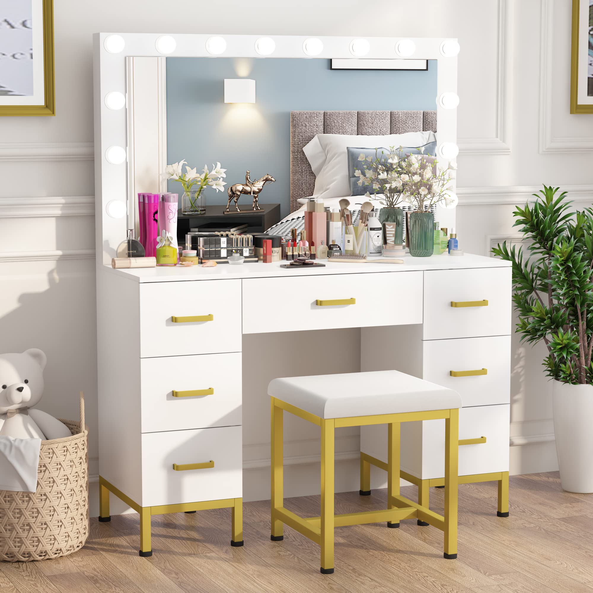 PAKASEPT Modern Makeup Vanity with Lighted Bulbs, 44'' Vanity Desk with Mirror and Lights, 7 Drawers, 14PCS LED Bulbs, Cushioned Stool, Black Vanity for Bedroom