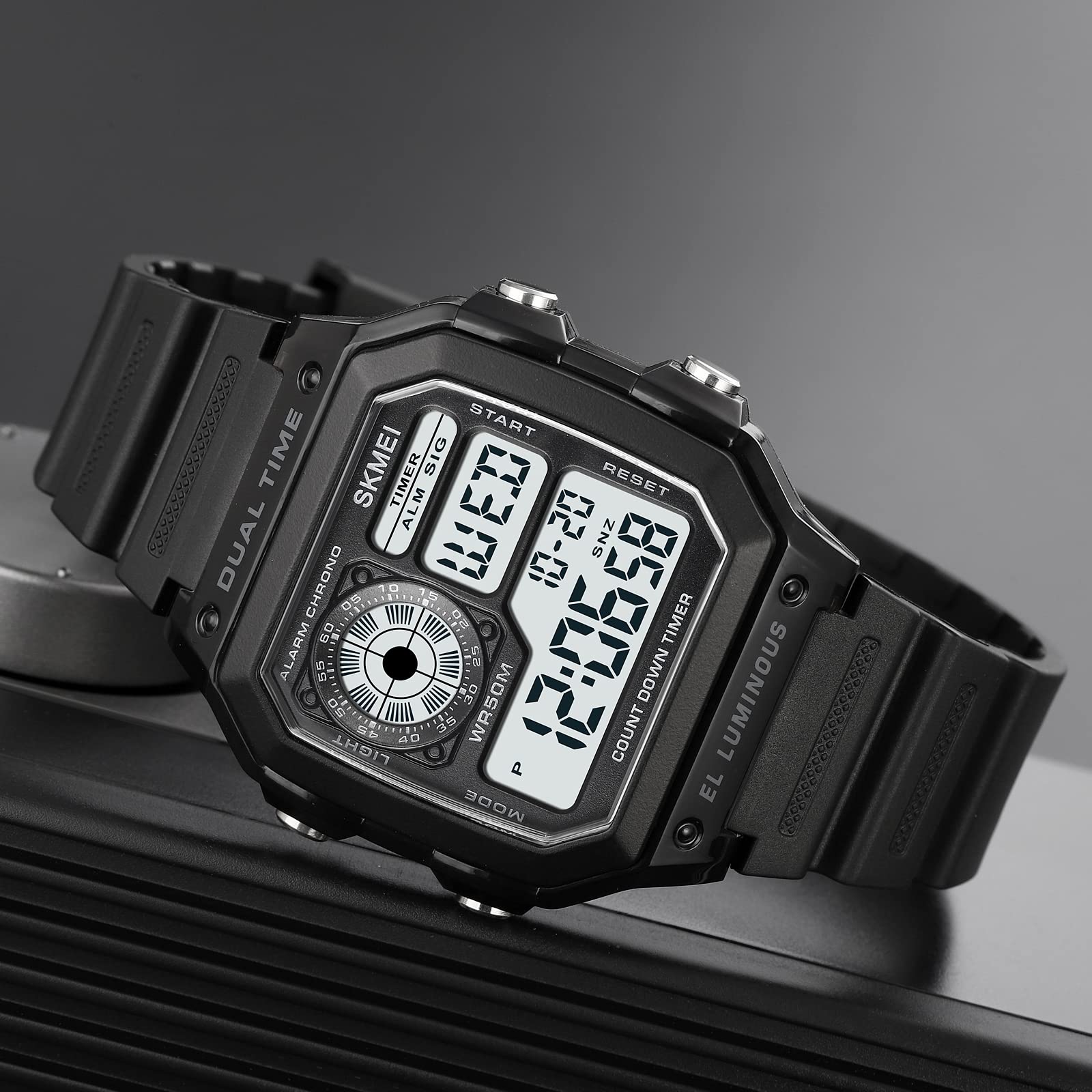 PASOY Mens Womens Sports Watch Rubber Watchband Multi-Function Alarm Stopwatch Countdown Backlight Swim Digital Waterproof Outdoor Black Watch