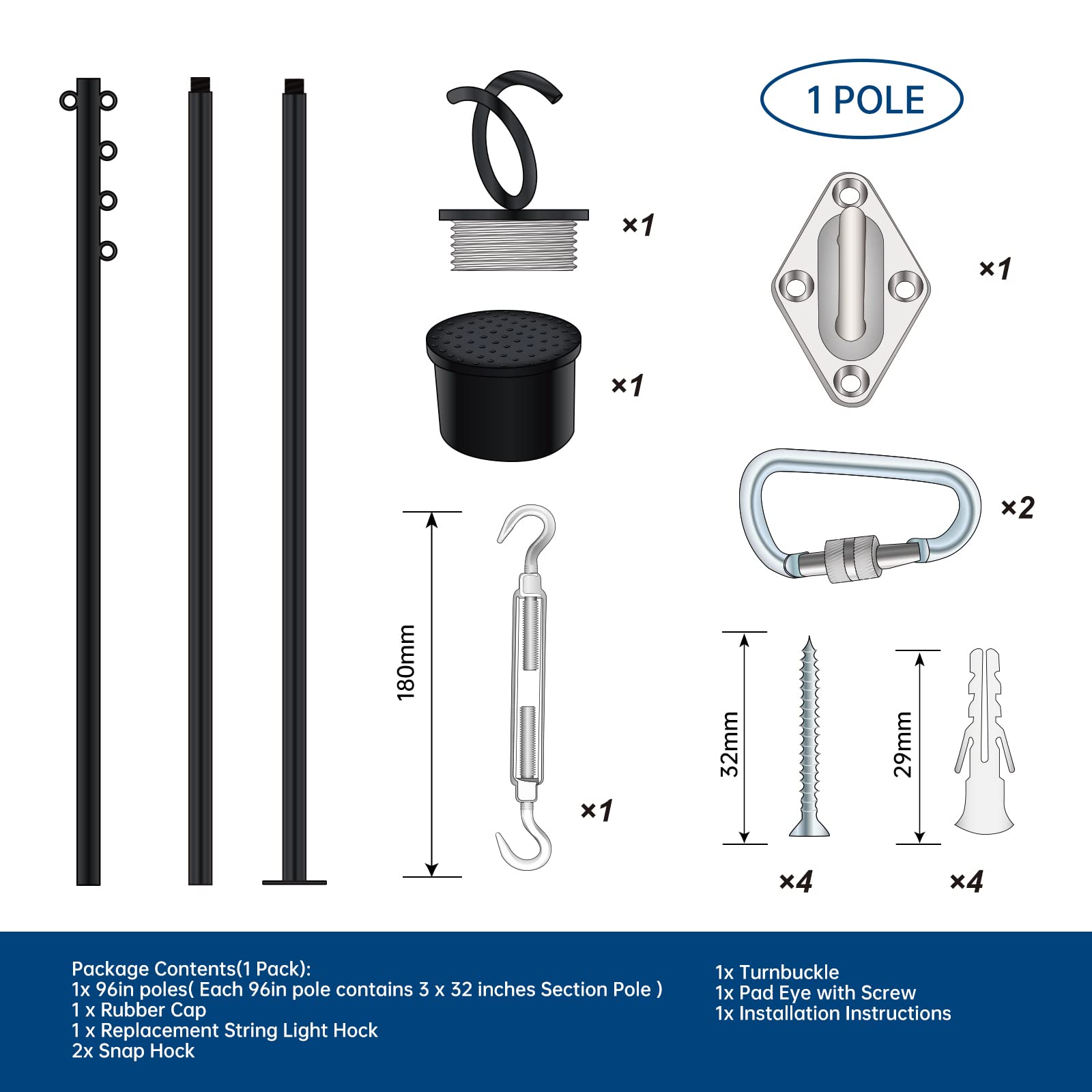 Pro 8ft Shade Sail Poles, Heavy Duty 7MM Thicken Sun Shade Poles - with 5 Welded Fixing Points for Shade Sail Canopy, Steel Post Stand with Hooks for Outdoor String Light, Patio, Backyard