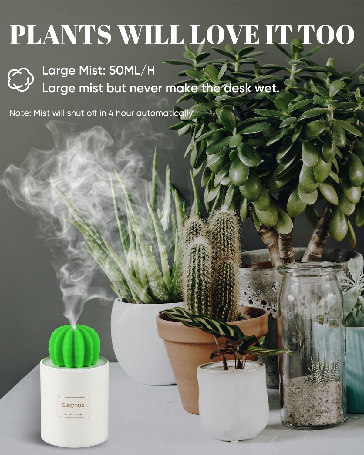 ONUEMP Cactus Humidifiers with Night Light, Mini Cool Mist Humidifier 280ml USB Portable Air Diffuser, Auto Shut-off, Gift for Christmas, Valentines, for Bedroom, Baby, Travel, Desktop, Home, Office