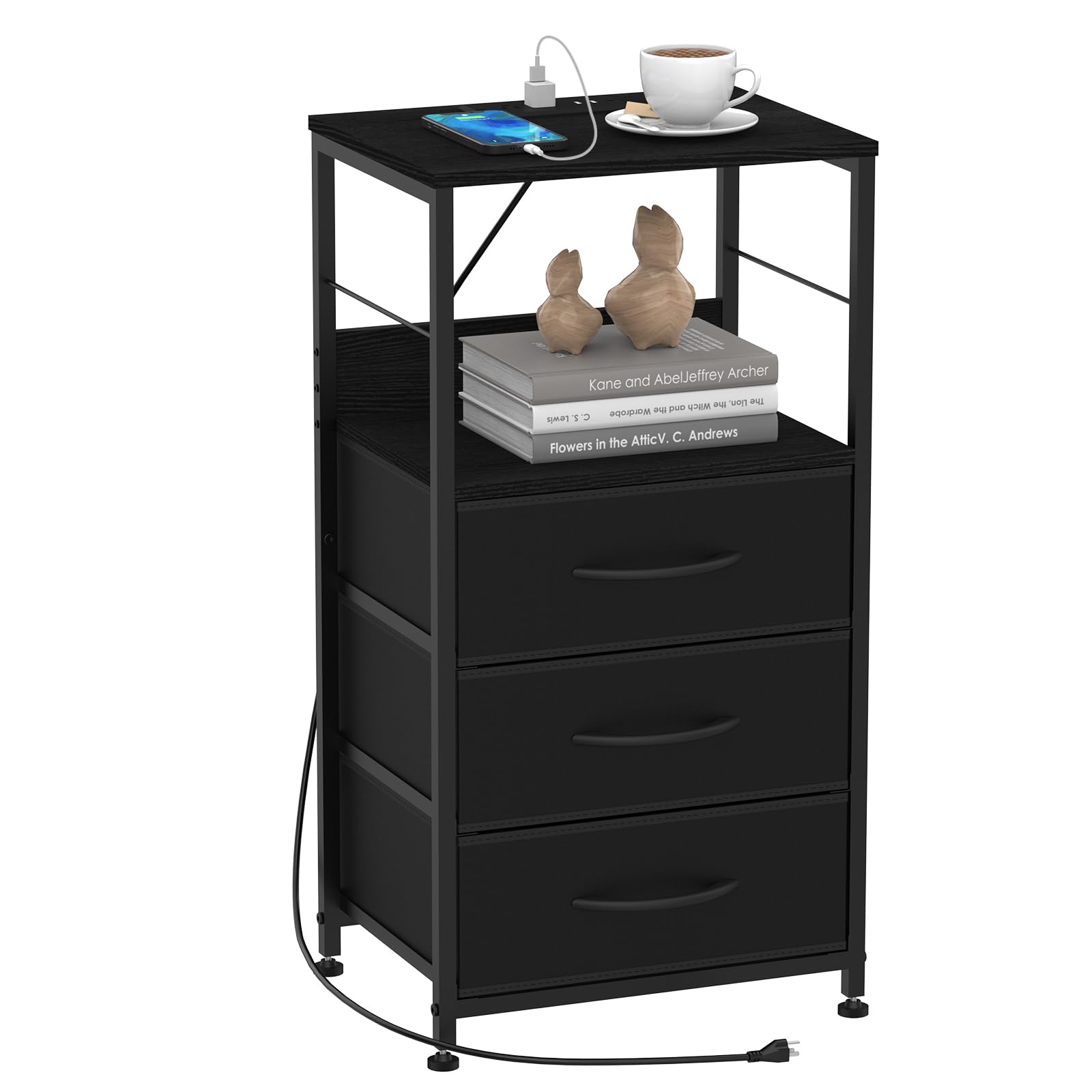 NOVIMANGO White Nightstand with Charging Station End Side Table with Drawer Tall Bedside Table with USB Ports & Outlets 3 Tier Tall Night Stand with Fabric Drawer for Living Room Dorm Office