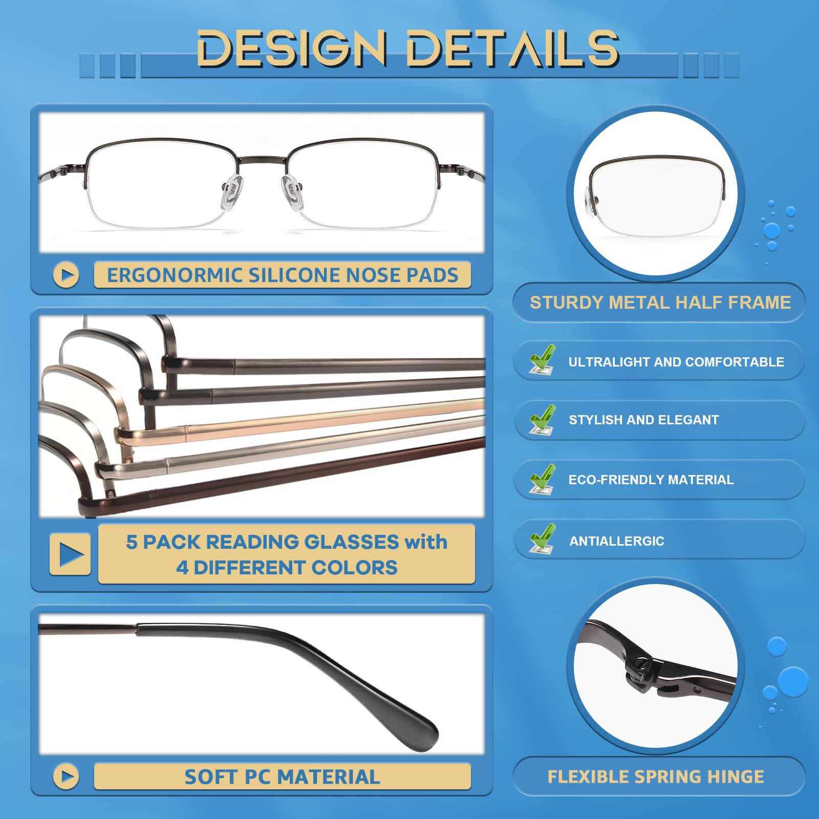 NOVIVON 5 Pack Reading Glasses for Men, Metal Blue Light Blocking Readers with Spring Hinges, Anti Eye Strain Eyeglasses (Gunmetal*2, Gold, Silver, Brown, 2.75)