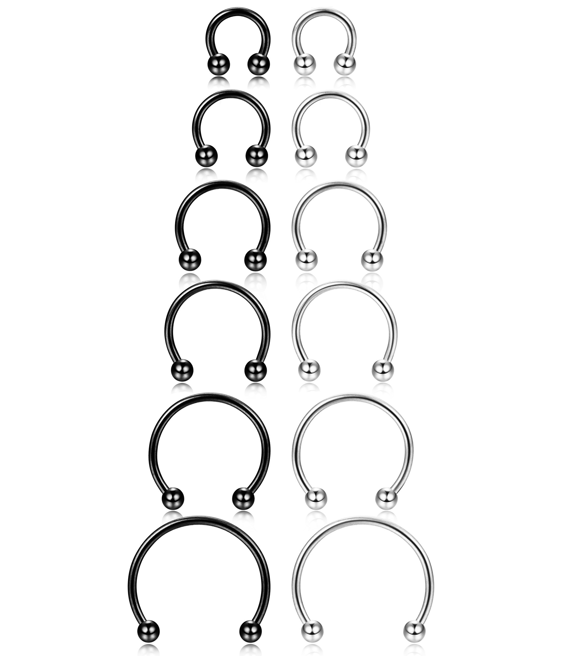 ORAZIO 12Pcs 14-16G Stainless Steel Nose Rings Septum Piercing Cartilage Horseshoe Earring Body Piercing 6MM-16MM Black And Silver Tone