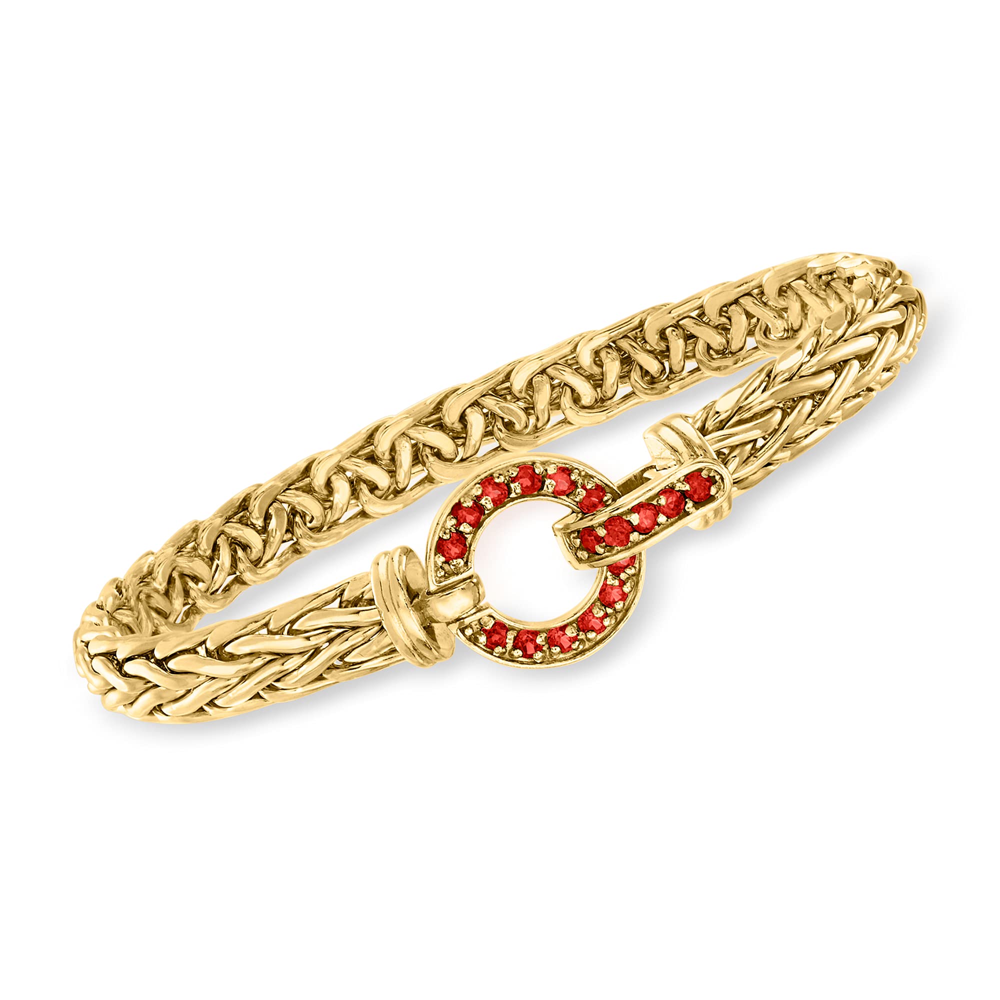 Ross-Simons 1.08 ct. t.w. Garnet Circle Station Wheat-Chain Bracelet in 18kt Gold Over Sterling. 7 inches
