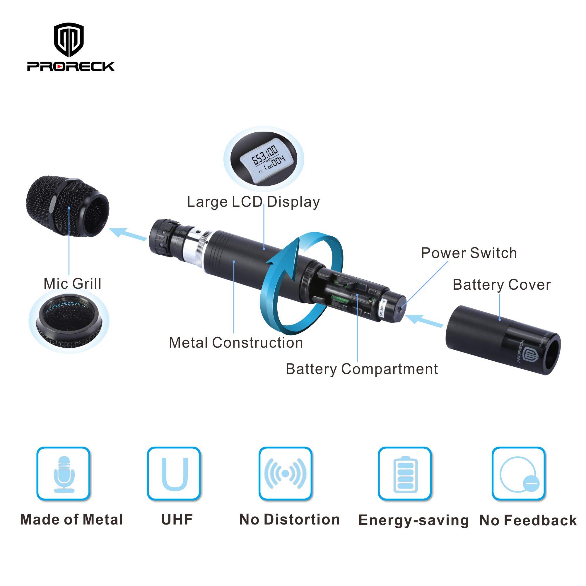 PRORECK MX44 4-Channel UHF Wireless Microphone System with 4 Hand-held Microphones Karaoke Machine for Party/Wedding/Church/Conference/Speech