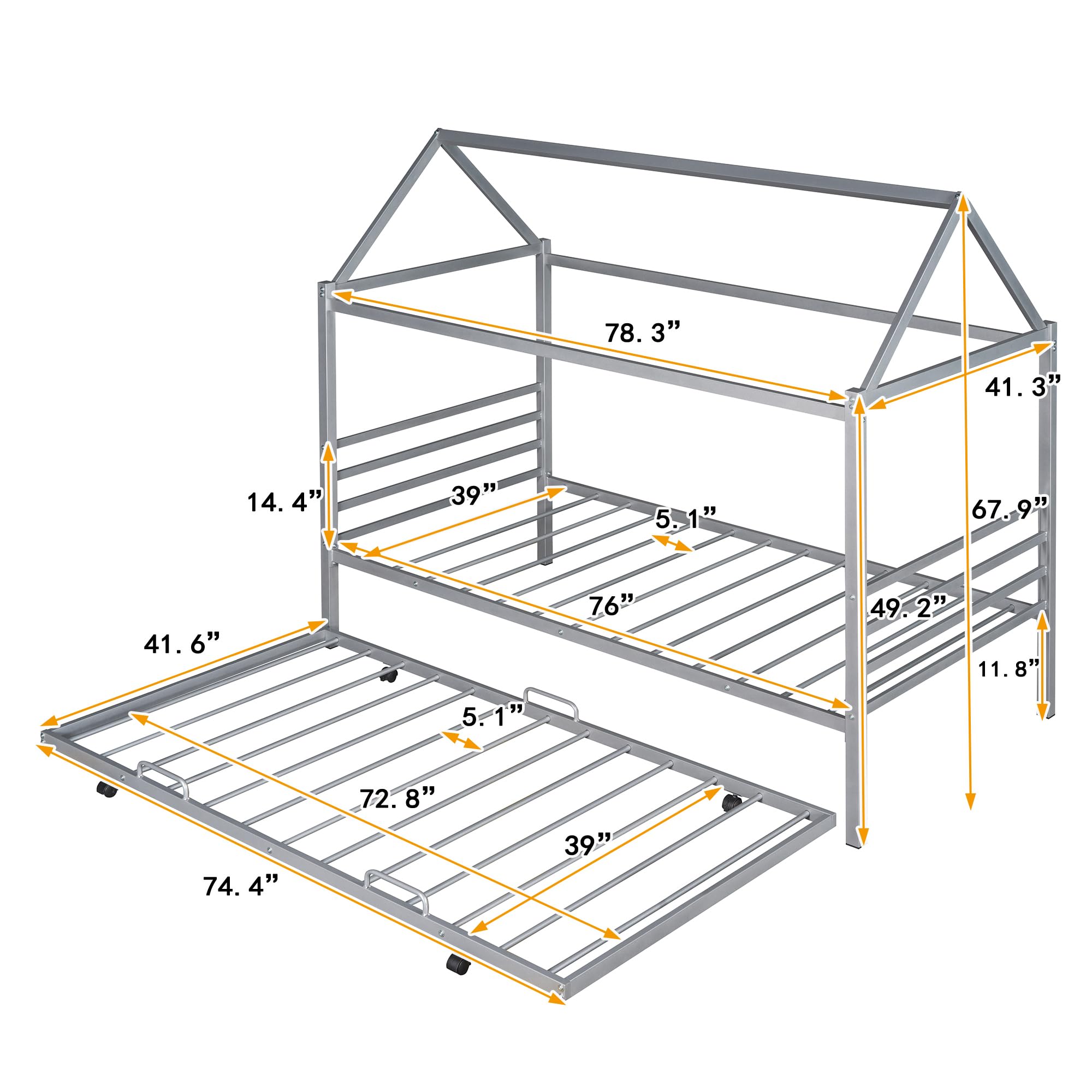 POCIYIHOME Twin Size Metal House Shape Platform Bed with Trundle, Modern Sturdy Metal Bed Frame with Solid Metal Slats for Kids,Teens Bedroom, Space-Saving, No Box Spring Needed, Silver
