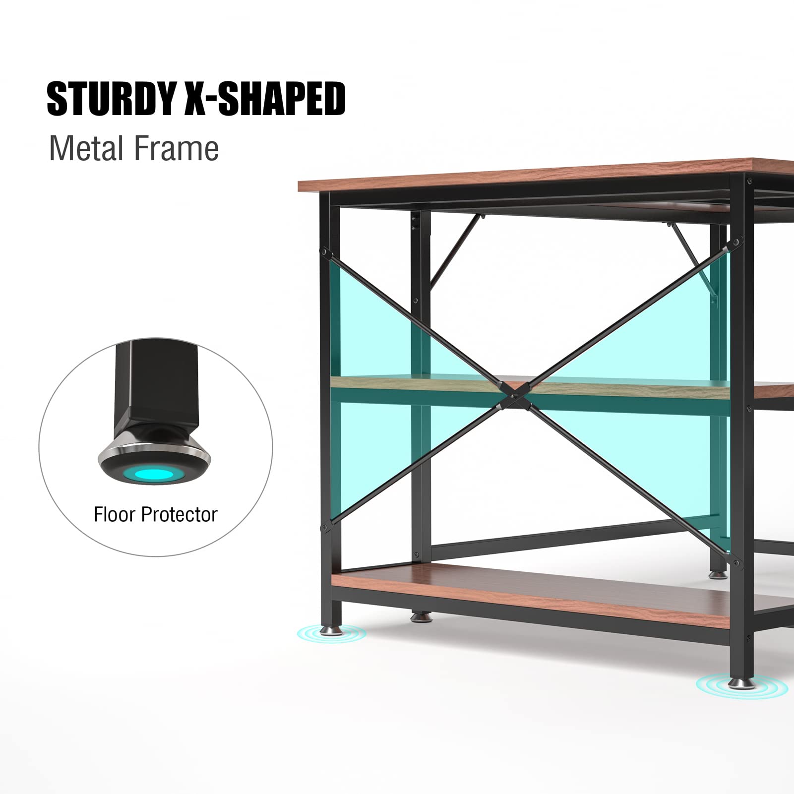 Pyraxis L Shaped Computer Desk, 47 Inch Gaming Desks with Hooks, Corner Desk with Storage Shelves, Office Desk for Small Space, Reversible Desks for Home Office, Walnut