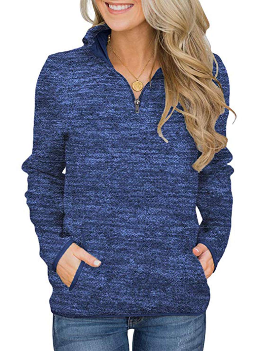 PALINDA Women's Quarter Zipper Collar Casual Pullover Sweatshirt Tunic Tops with Pockets(XL,Navy Blue)