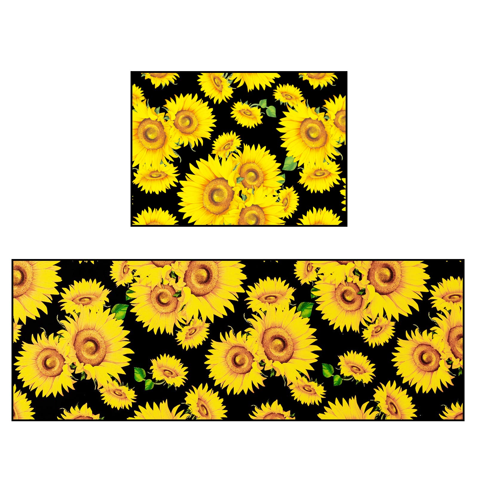 Sunflower Kitchen Rugs and Mats Set 2 PCS, Washable Anti-Fatigue Non-Slip Durable Comfort Standing Runner Rug for Kitchen, Office, Sink, Laundry, Living Room (17"x48"+17"x24",Black)