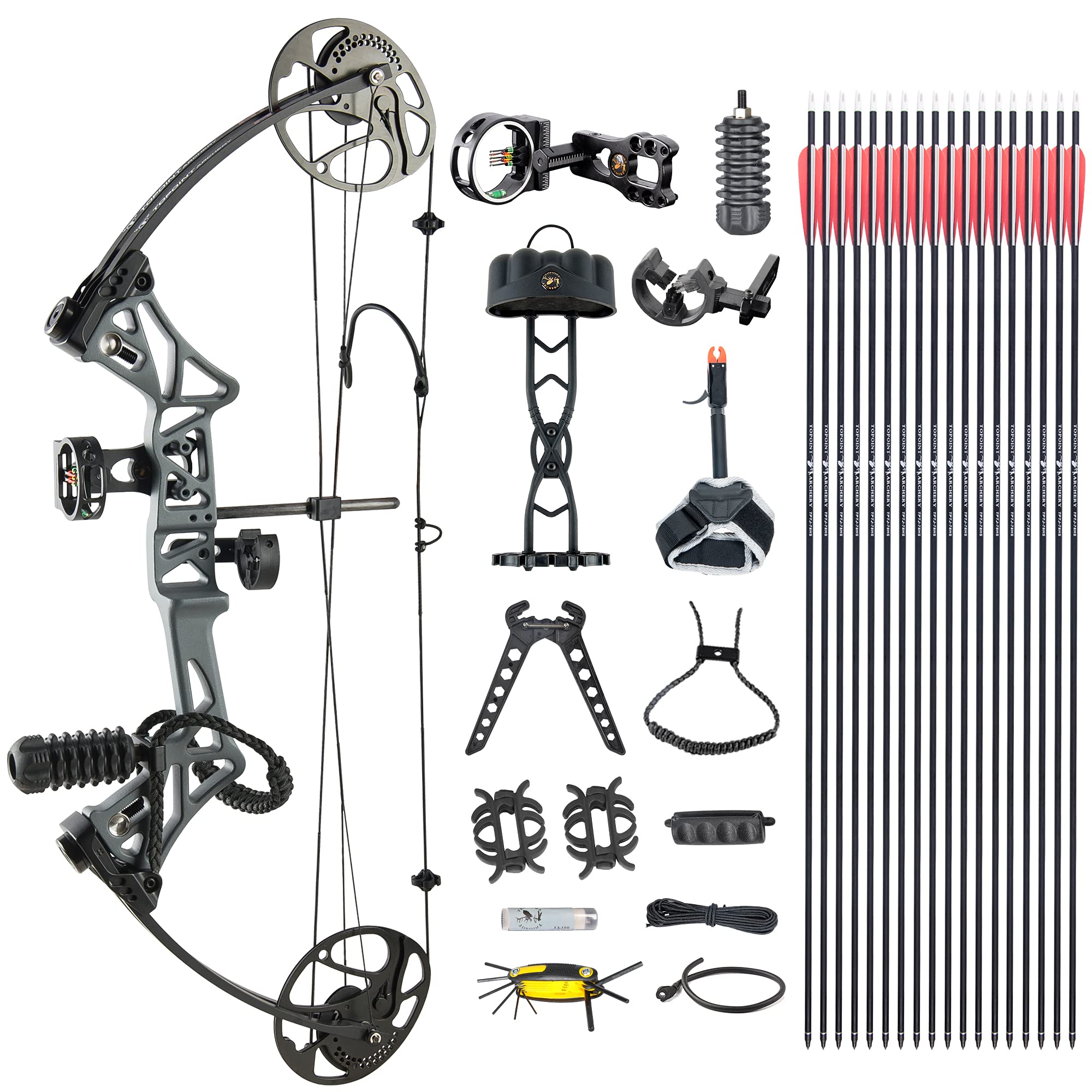 TOPOINTARCHERY M1 Compound Bow Package , 19"-30" Draw Length,19-70Lbs Draw Weight,320fps IBO Limbs Made in USA (Smoke)