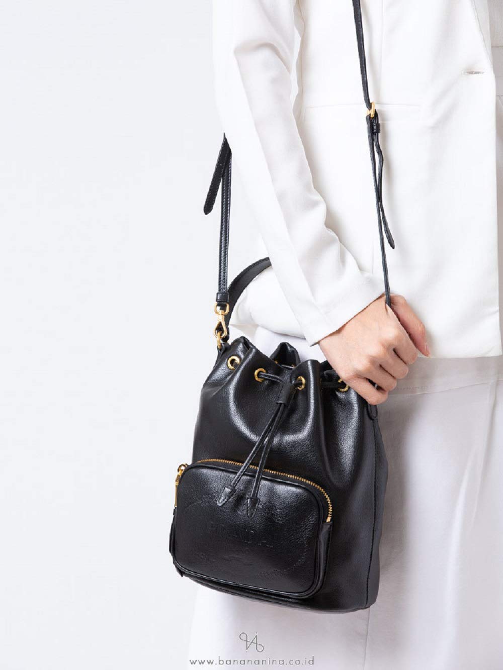 Prada Women's Sechiello Nero Black Glace Calf Leather Bucket Bag 1BH038 (Black)