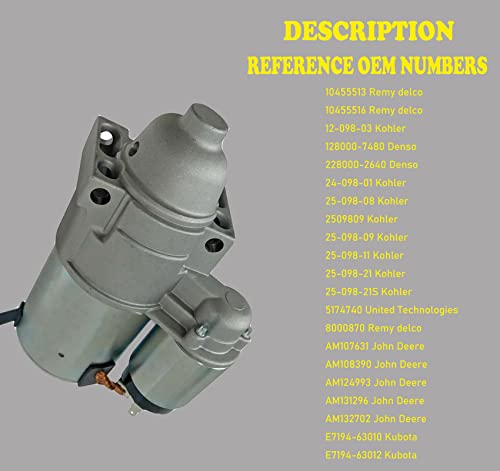 WZruibo Starter Replacement for 1994-2015 Kohler HP 15-27 John Deere Toro Cub Cadet Scotts Thomas Grasshopper 2509808, 2509809, 2509811, SDR0291, 41012182, 41012182R, 41012414,25-098-08