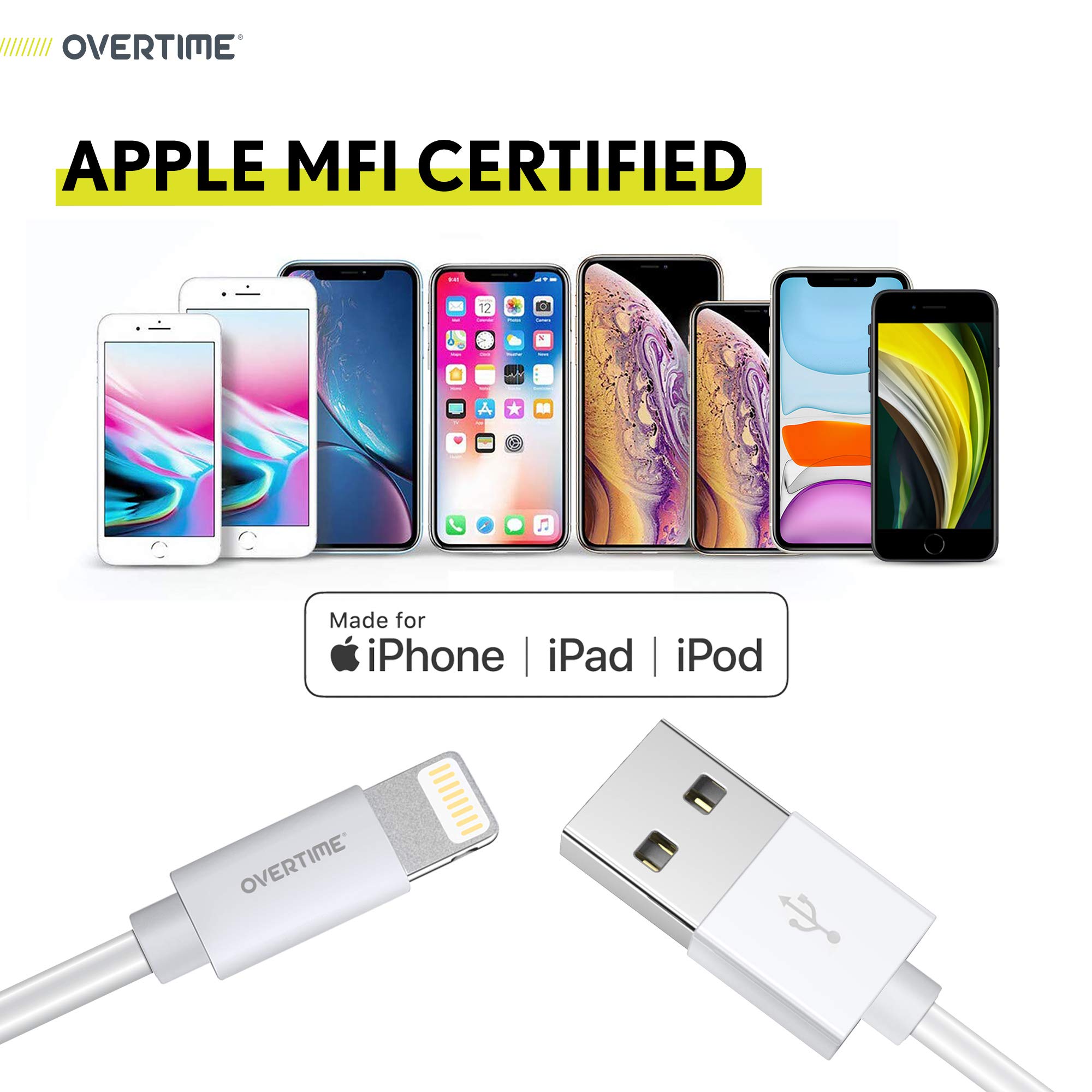 Overtime iPhone Charger Set, Apple MFi Certified Lightning Cable with Dual USB Wall Adapter 2.4 AMP Compatible w/iPhone 11 Pro Max XS XR X 8 7 6S 6 Plus SE AirPods iPad (Silver/White, 6ft)