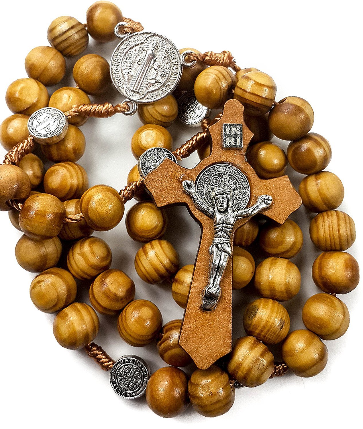 Nazareth Store Wood Beads Rosary Necklace Saint Benedict Medal & Catholic Cross Religious Prayer Chaplet String Handmade - Velvet Bag
