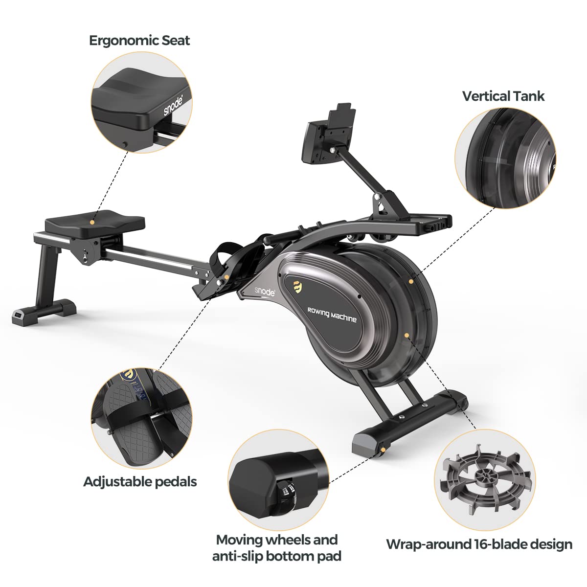 SNODE Rowing Machine for Home Use with 16 Level Resistance, Sturdy Rower Machine with LCD Monitor, Ergonomic Seat, Dual Rail, 350lb Weight Capacity