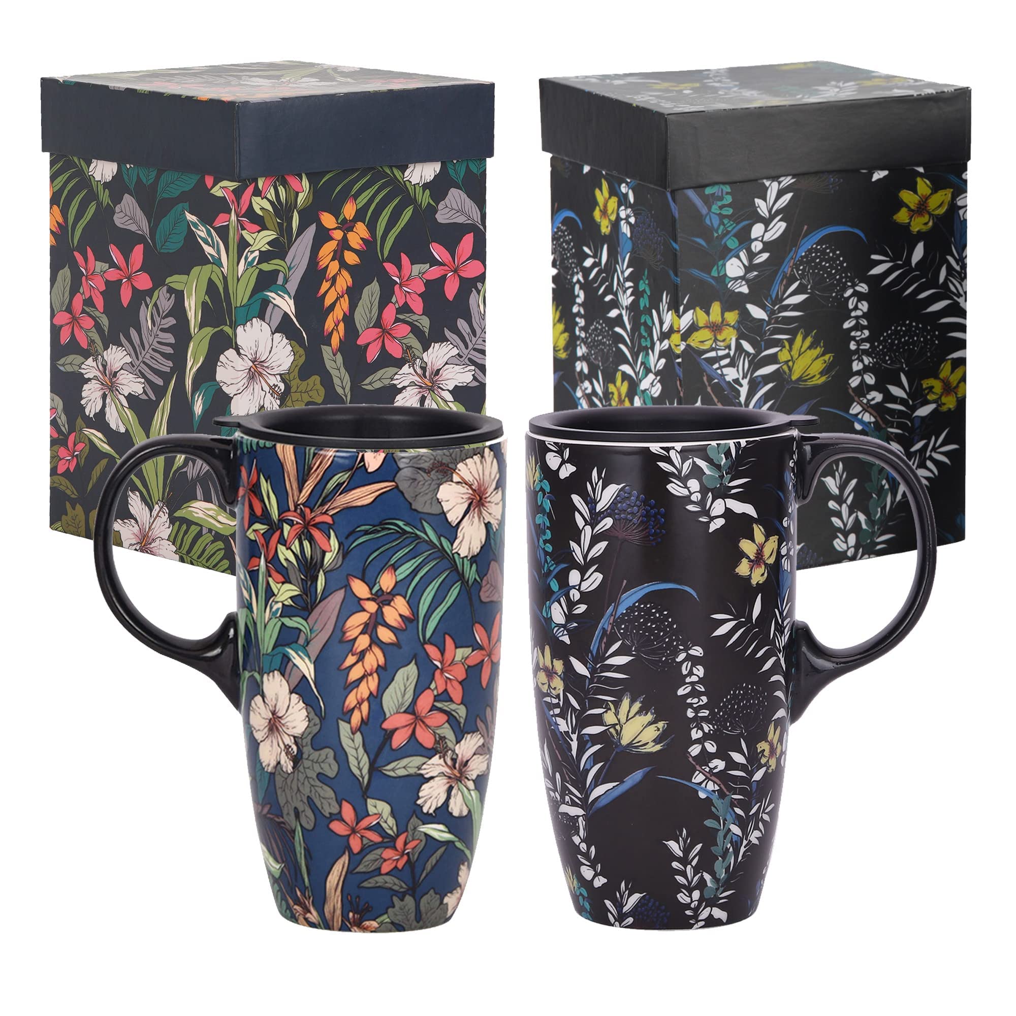 TZSSP Coffee Ceramic Mug Porcelain Latte Tea Cup With Lid 17oz. 2pack Blue and Black