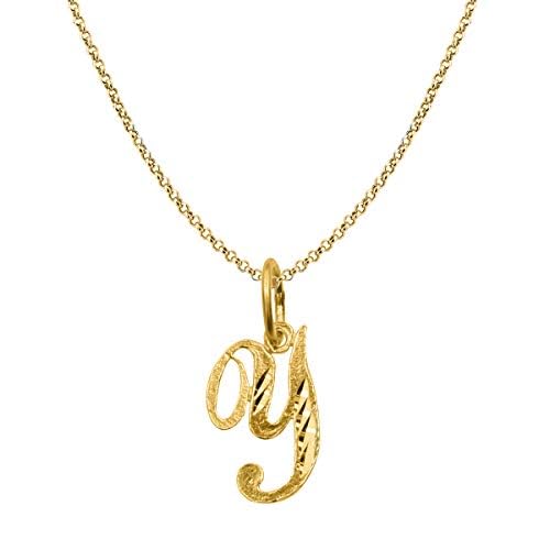 PRECIOUS STARS 14k Yellow Gold Diamond-cut Cursive Letter Initial 'Y' Pendant with 1.2mm Rolo chain