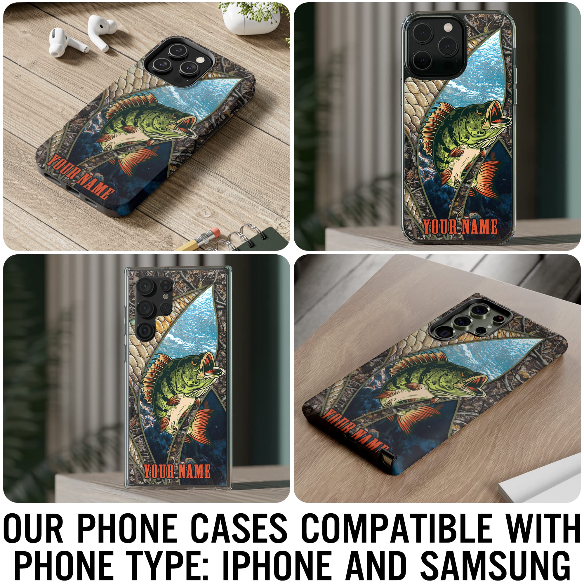 Personalized Bass Fish Fishermen Phone Case Custom Name Bass Fishing Leather Pattern Cute Protective Cover Customized Compatible with iPhone 14 12 13 11 Promax Samsung s23 s22 s21 s20 s10 Ultra