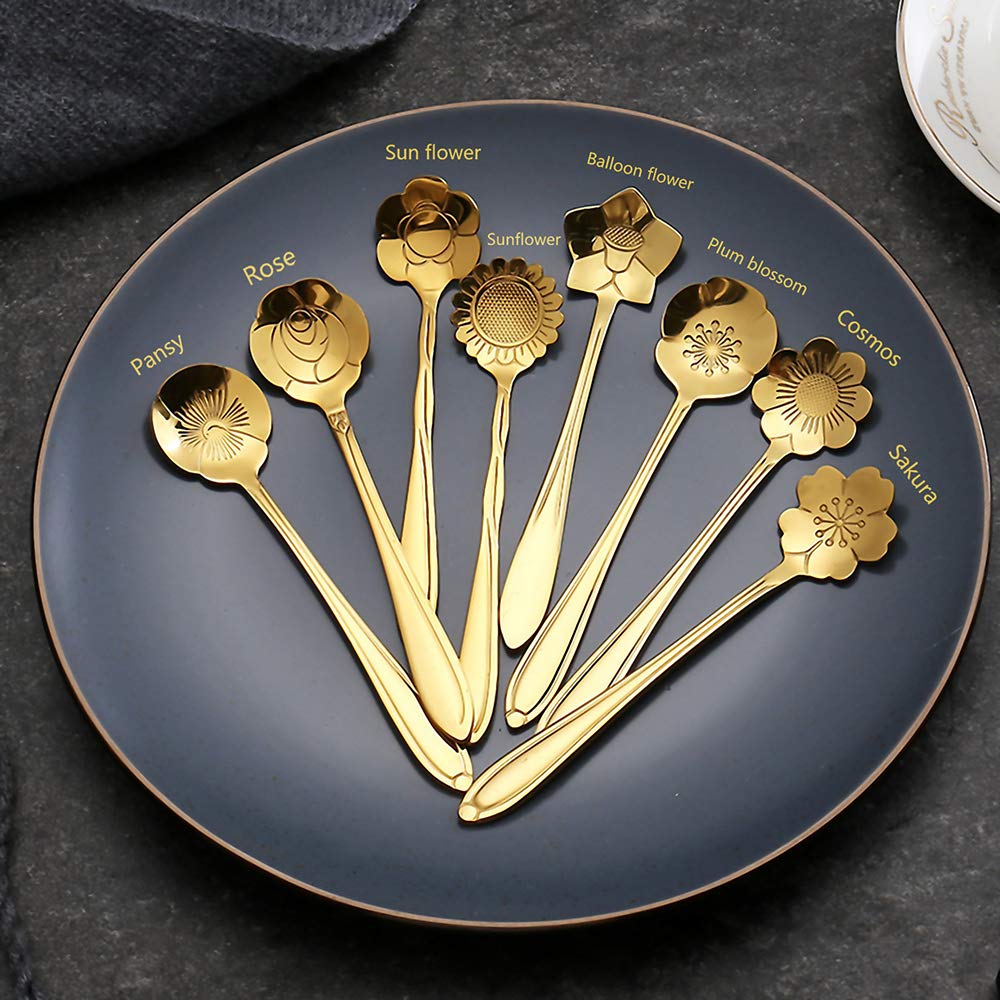 Stainless Steel Flower Coffee Spoon Set, LEIHEFA 8 Pcs Creative Tea Spoon,Stirring Spoon, Ice Tea Spoon for Tea, Cake, Sugar, Dessert Ice Cream Spoon (Gold)