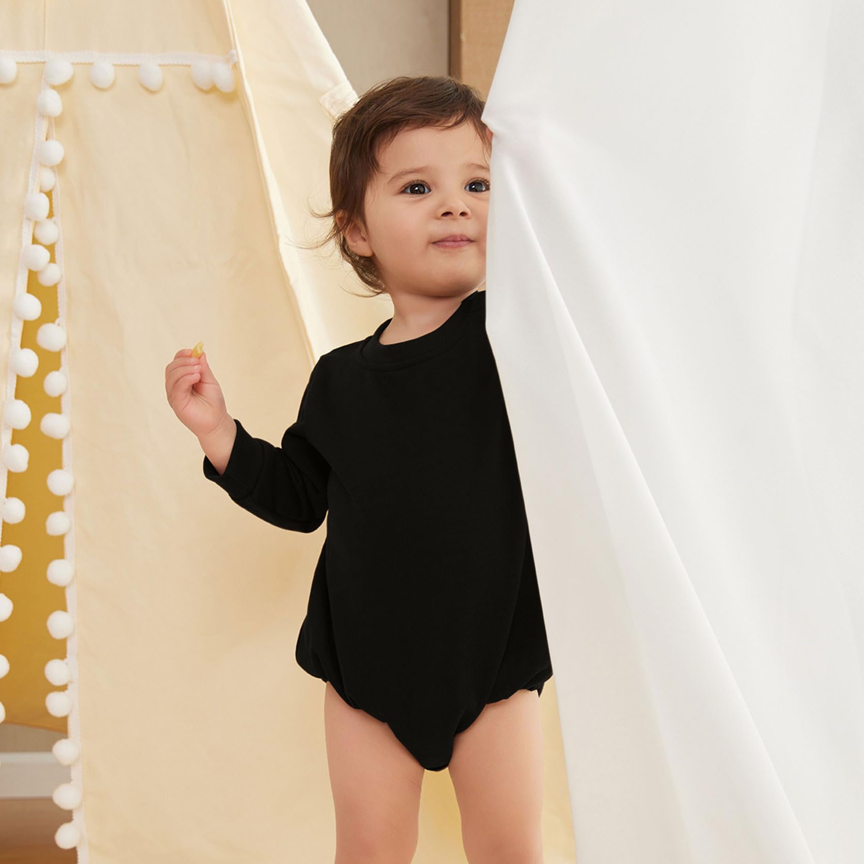 OPAWO Baby Sweatshirt Romper Onesie Newborn Boy Girl Bubble Romper Infant Crewneck Oversized Sweater Long Sleeve Pocket Bodysuit Fall Winter Clothes Outfits(Black,6-9Months)