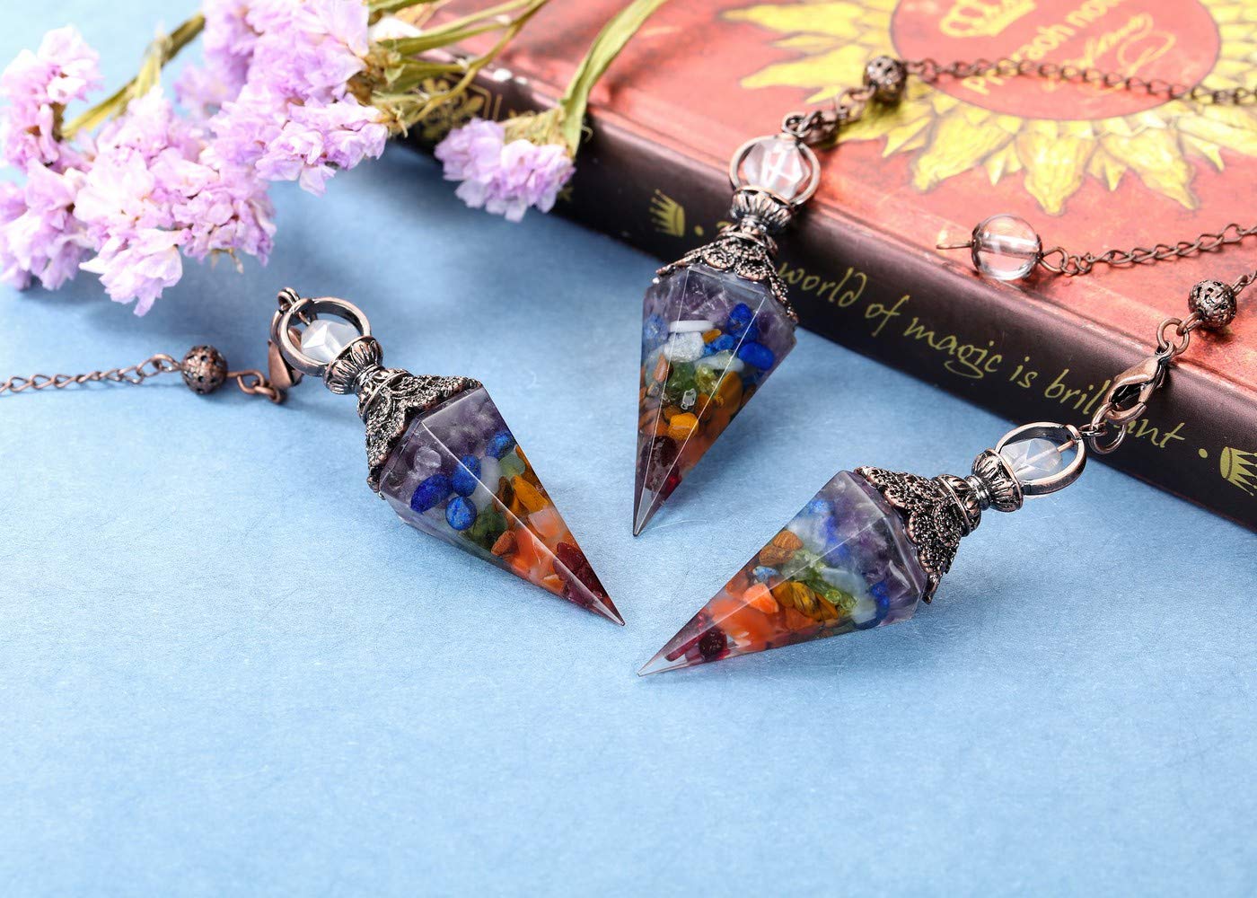 PESOENTH 7 Chakra Crystal Dowsing Pendulum Healing Hexagonal Gemstone Crystals Point Pendulum for Divination Scrying Dowser