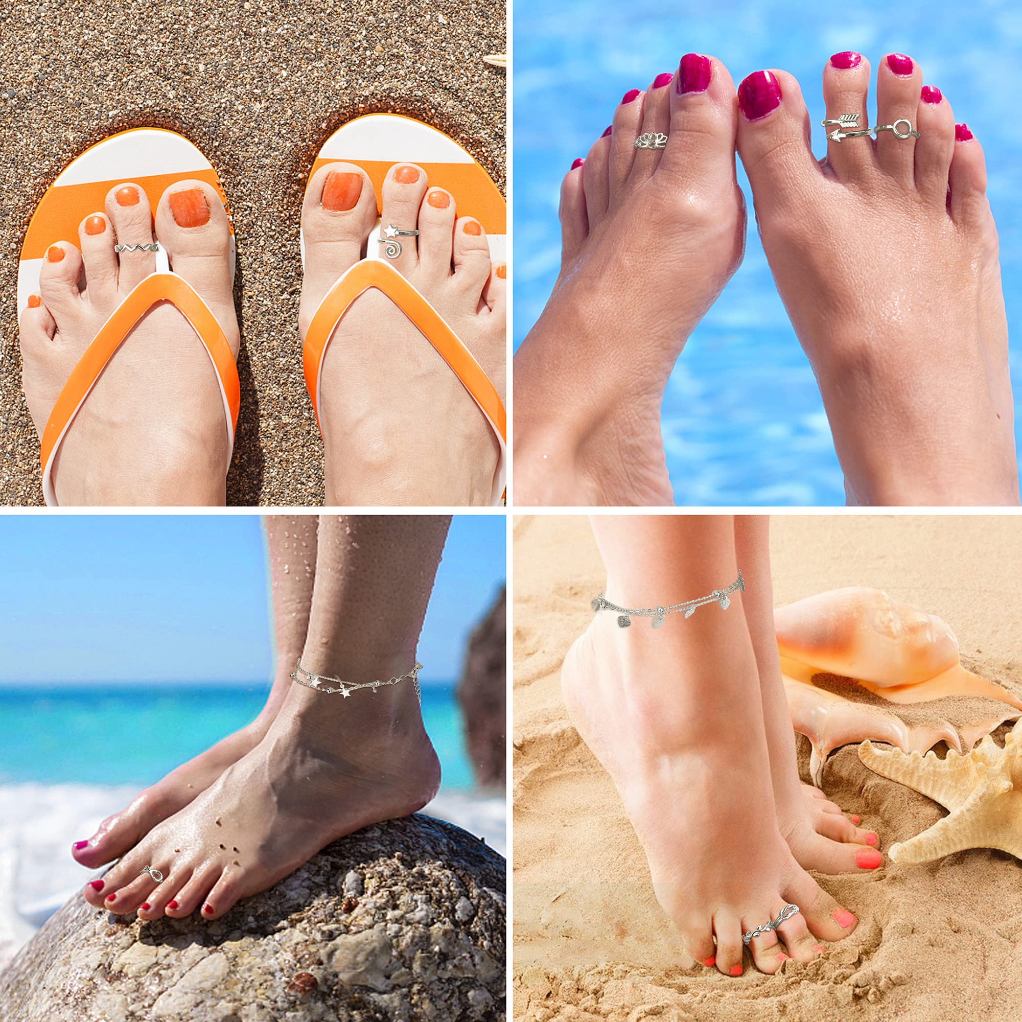 UBGICIG 25 Pcs Toe Rings and Ankle Bracelets for Women Silver Layered Anklets Open Adjustable Toe Rings for Summer Beach Foot Jewelry