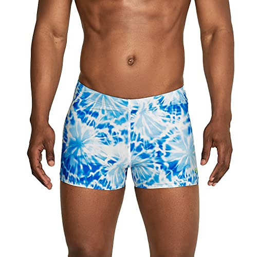 Speedo Men's Standard Swimsuit Square Leg Printed, Tides White/Blue, Medium