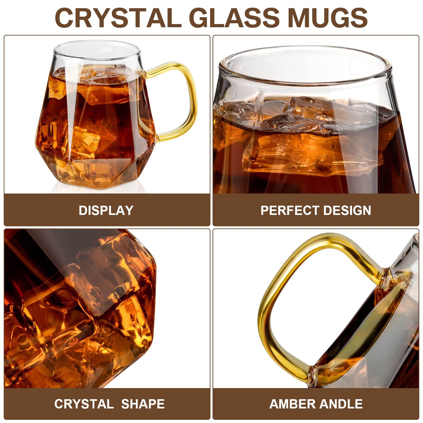 Patelai 12 Pieces Glass Coffee Cups with Handle, 10 oz Crystal Clear Coffee Mugs for Hot Espresso Liquor, Microwave Safe Tea Cups Glass Set Gift, Diamond Design