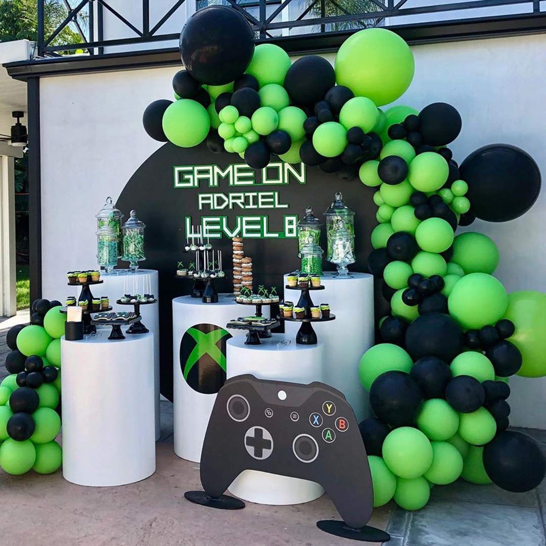 Video Game Balloon Garland & Arch Kit, 108Pcs Black Green Latex Balloons, 12inch 18inch Giant Balloons 16Ft Balloon Strip for Gaming Party Gamer Fan Birthday Decorations
