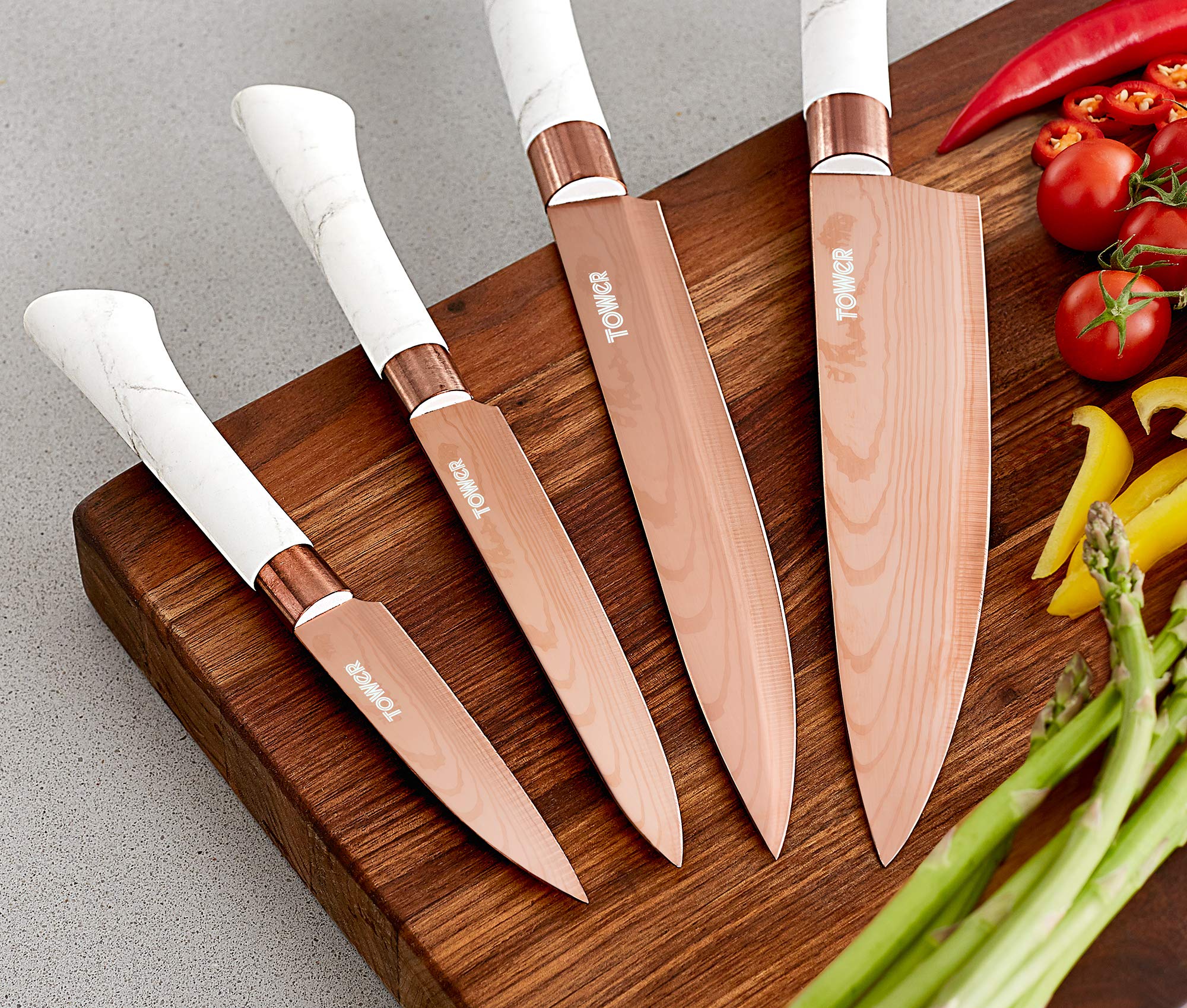 Tower T81534WR Kitchen Knife Set with Acrylic Knife Block, Stainless Steel with Soft Touch Handles, White Marble and Rose Gold, 5 Piece