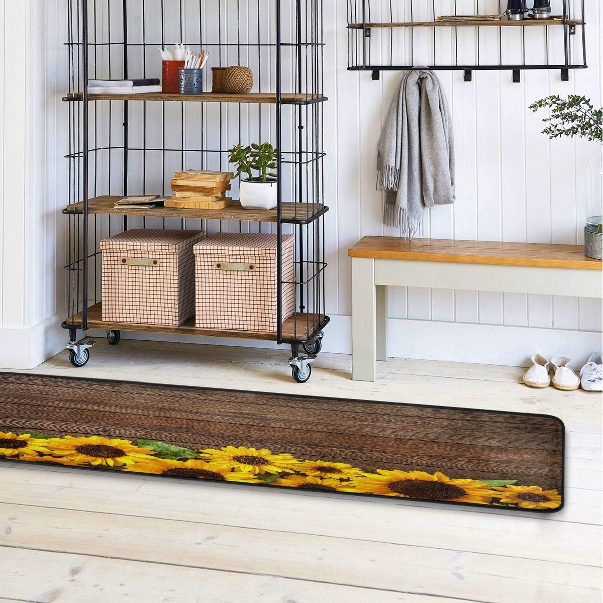 Sunflower Runner Rug, Wood Board Print Bath Rug Non-Slip Soft Kitchen Mat Doormat Large Runner Carpet 72" X 24"