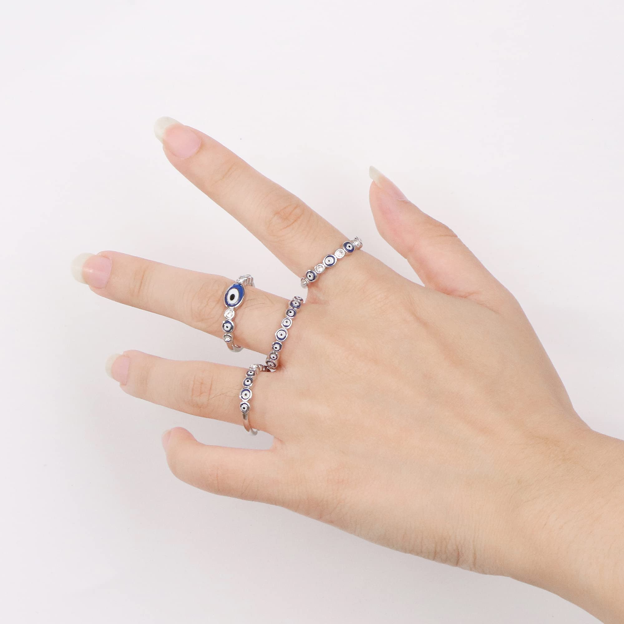 Ubjuliwa 4 Pcs Evil Eye Rings for Women White Gold Plated Eye Ring Set Adjustable Open Ring Silver Dainty Cute Evil Eye Rings Protection Jewelry Gift
