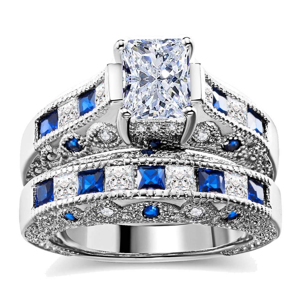 Ringcrown White Gold Plated Womens Wedding Ring Sets Cz Engagement Ring 2pcs Wedding Bandsā¦