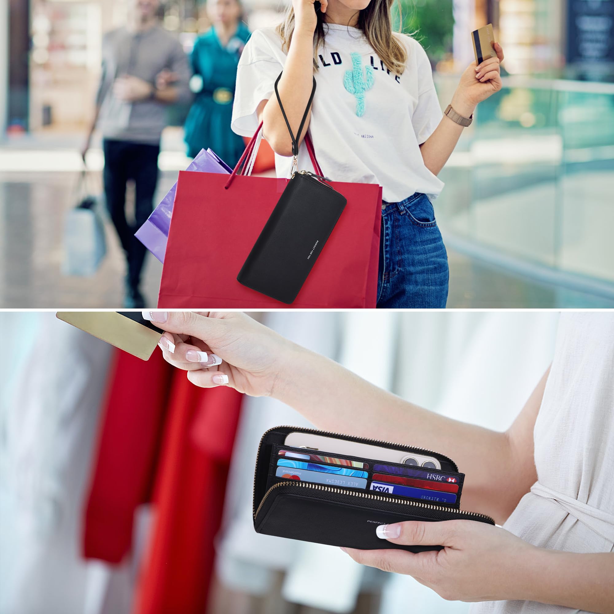YOUBDM Clutch Wallet for Women Cell Phone Purse With Credit Card Holder Soft Pebbled Leather Wallet with Wristlet Strap(Red)